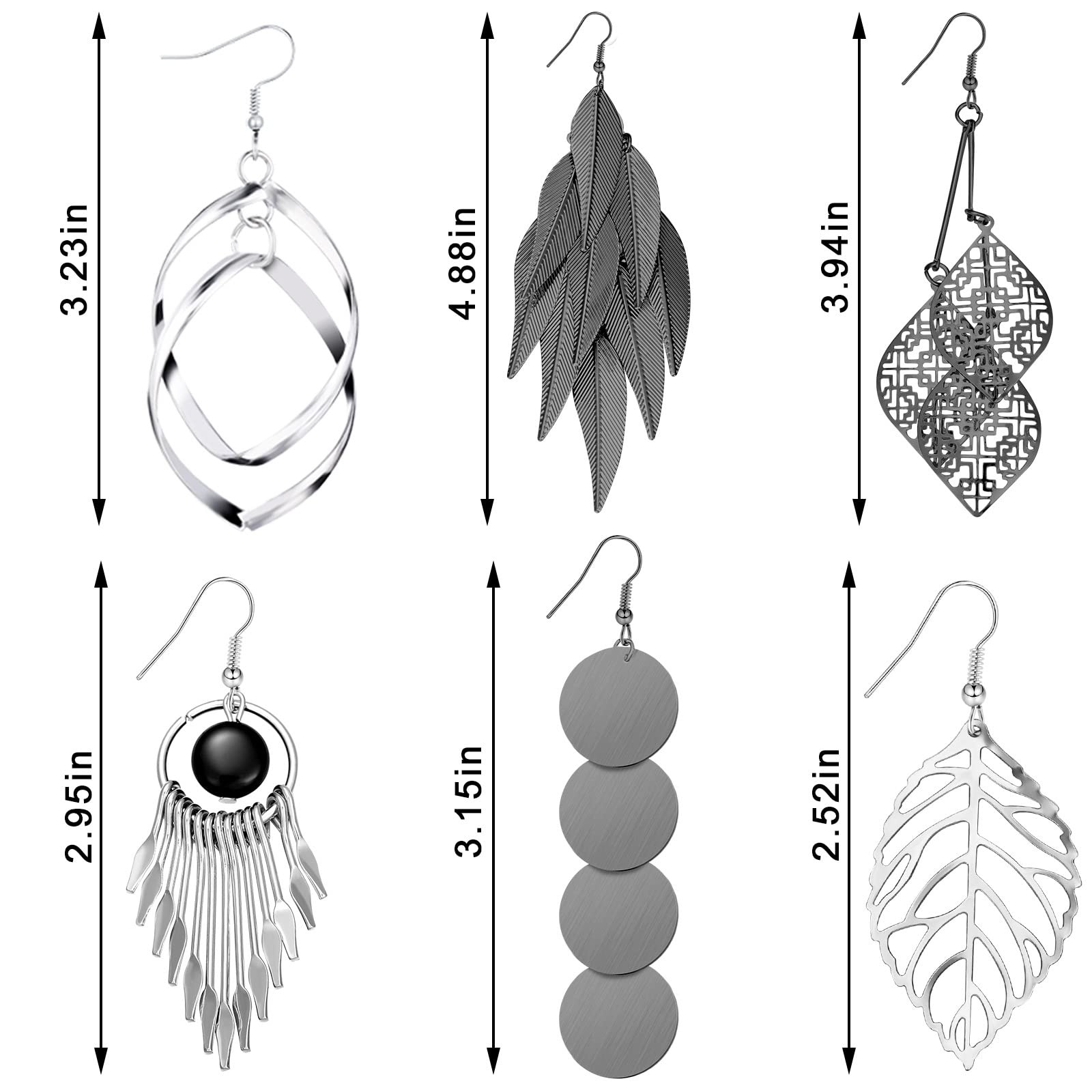 12 Pairs Drop Dangle Earrings Bohemian Long Earrings Vintage Statement Earrings for Women(Silver, Black)