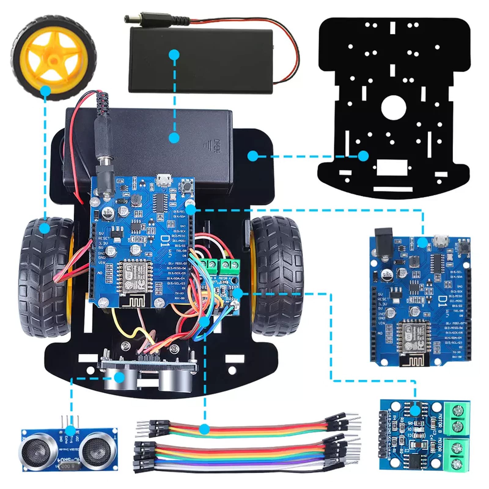 10Gtek 2WD Smart Car Kit with Tutorial, Compatible with Arduino, Ultrasonic Obstacle Avoidance, WiFi Remote Control