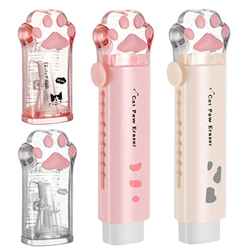 4 Pcs Cute Cat Paw Kawaii School Supplies Cute Cat Paw Pencil Sharpener and Cat Paw Shaped Retractable Eraser Kawaii Pencil Sharpener Cat School Supplies for Kids Girls Cat Lovers Office School Home