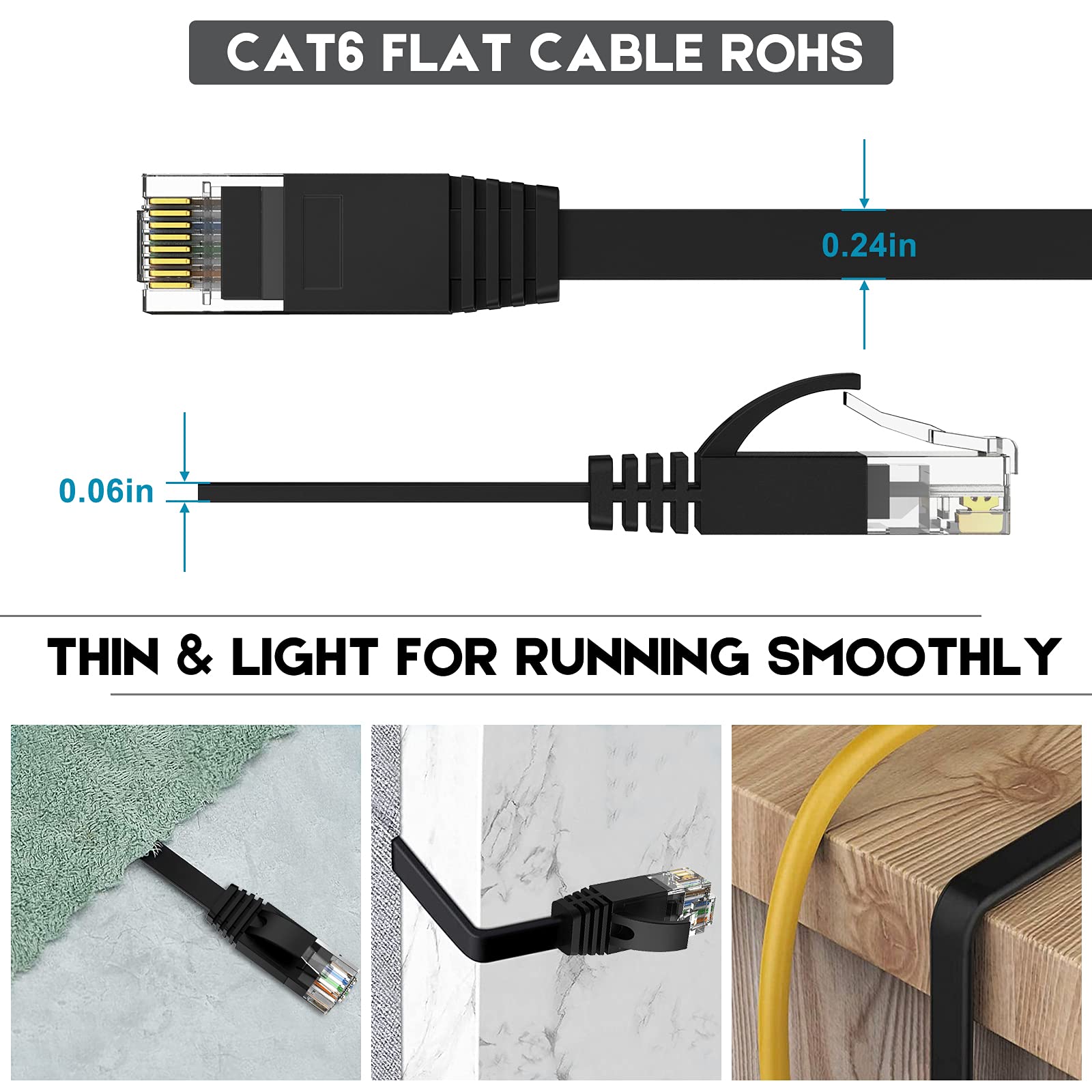 Siricook Cat 6 Ethernet Cable High Speed 125 ft, Flat Internet Network Patch Cord Support 1Gbps 250 Mhz, Rj45 Connectors for Router, Modem, Faster Than Cat5e Cat5 - Black, 125FT, C6