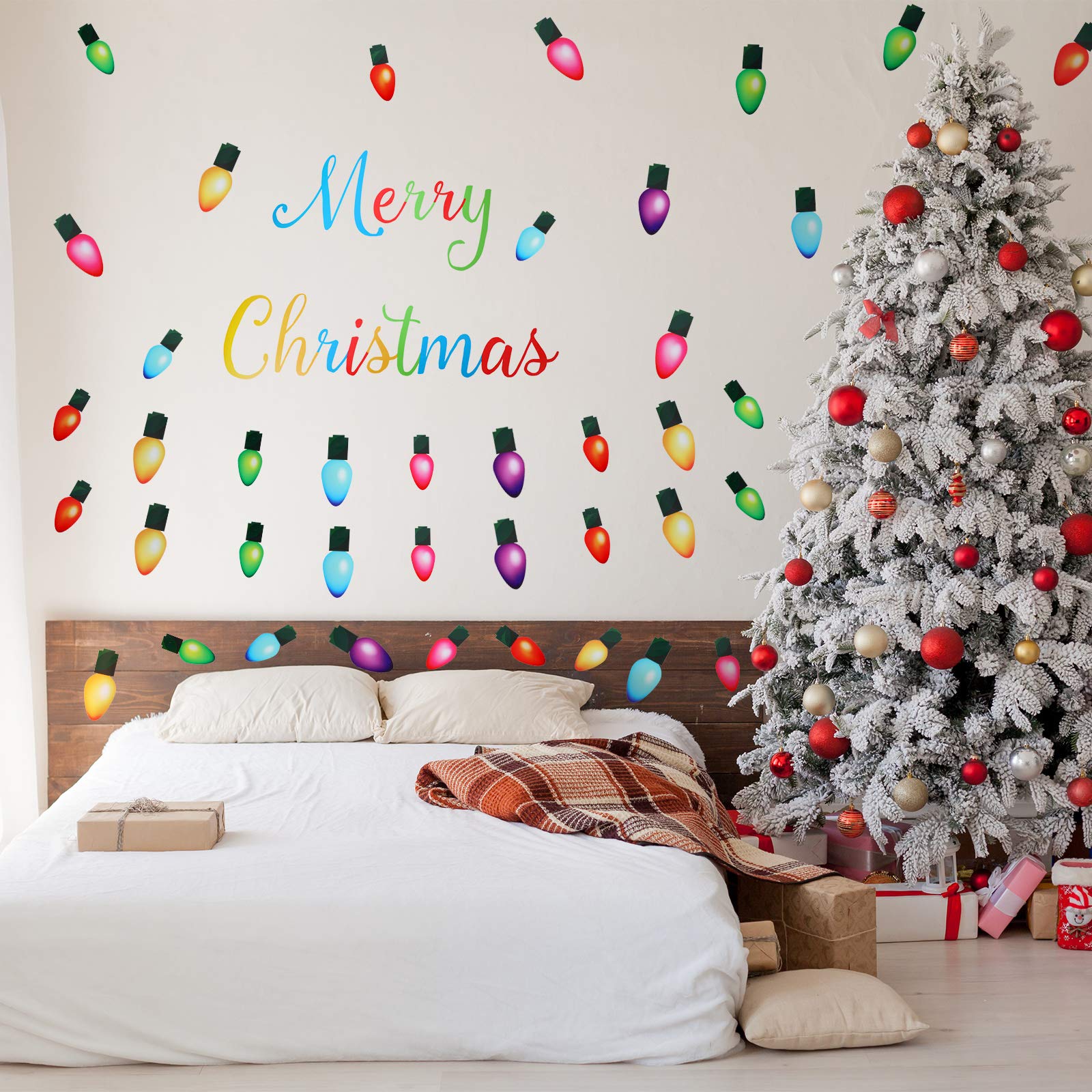 91 Pieces Christmas Wall Stickers Christmas PVC Merry Christmas Lights Bulb Wall Decals for Christmas Decoration