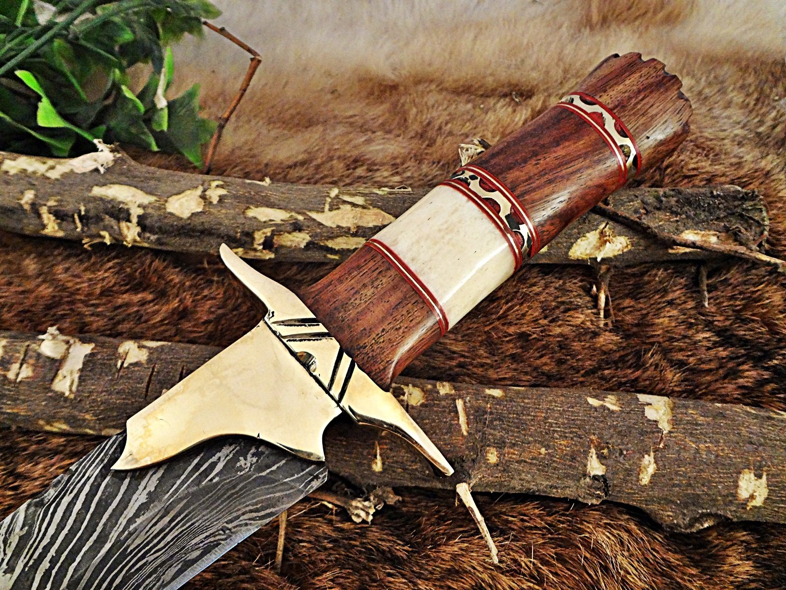 15" Long hand forged Damascus steel hunting Knife, Natural camel Bone and Walnut wood with engraved brass handle, Cow hide Leather sheath with belt loop