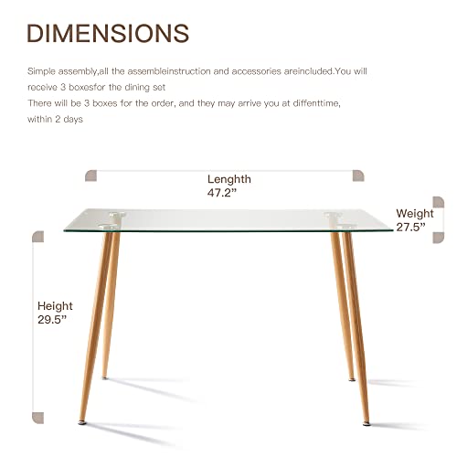 Glass Dining Table Rectangle - Glass Top Dining Room Table, Modern Clear Kitchen Table with Wooden Metal Leg, Rectangular Dining Table for 2 or 4 for Small Spaces Apartment Kitchen or Dining Room