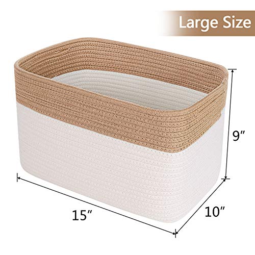 ANMINY 3PCS Woven Cotton Rope Storage Baskets with Handles Large Washable Basket Set Decorative Storage Bins Boxes Blanket Clothes Towel Laundry Organizer Containers - White/Brown