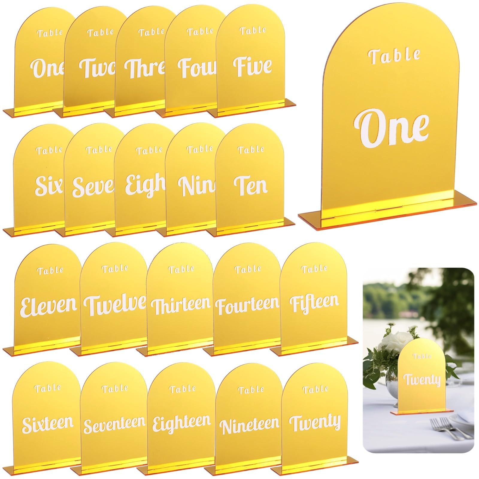 20 Pack Wedding Table Numbers with Stands 1-20, 4.7 X 5.6 Inch Gold Arched Mirrored Table Signs Number Display Stand for Wedding Reception Event Restaurant Decoration