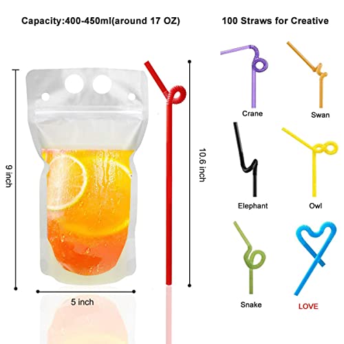 100PCS Drink Pouches with 100 Drink Straws, Reusable Smoothie Bags Juice Pouches, Heavy Duty Hand-Held Translucent Reclosable Zipper Plastic Ice Drink Pouches for Adults and Kids