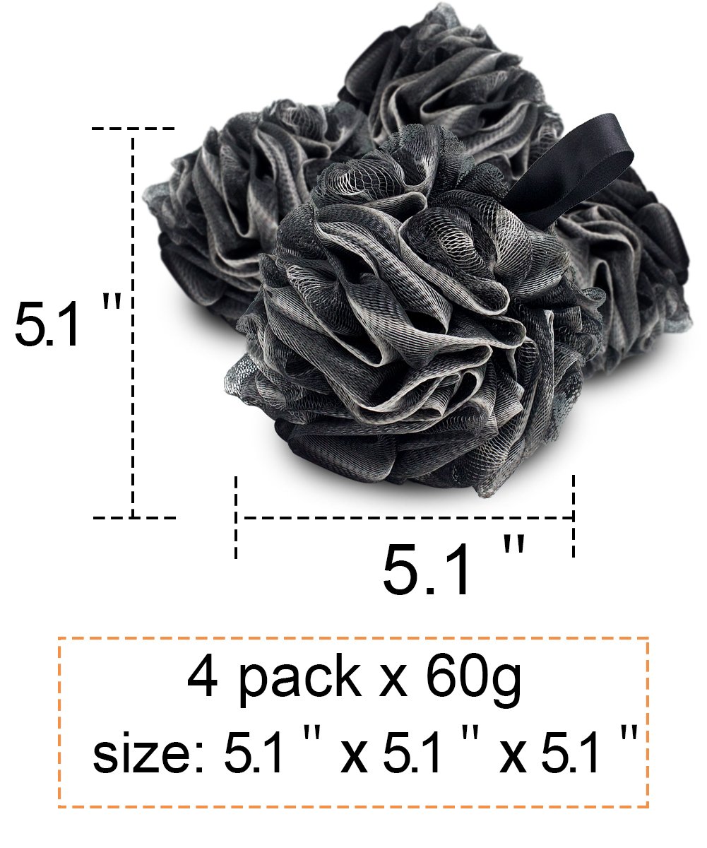 4 Packs Bath Loofahs-Eco-Friendly Carbonized Bamboo Bath Shower Sponge Mesh Pouf Loofahs Shower Ball Loofahs Bath Sponge-Exfoliate,Cleanse,Soothe Skin(60g/pcs)