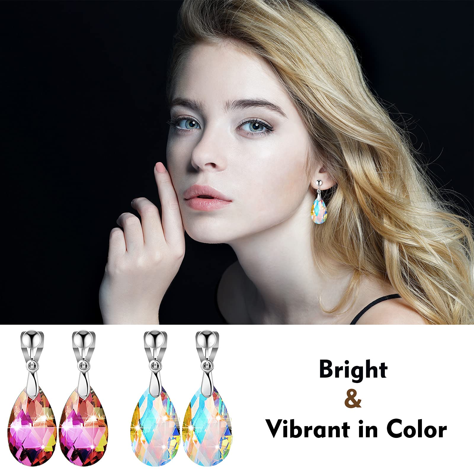 12 Pairs Multi-color Dangle Clip Earrings Set for Women Rainbow Crystal Earrings Crystal Dangle Drop Earrings (Waterdrop)