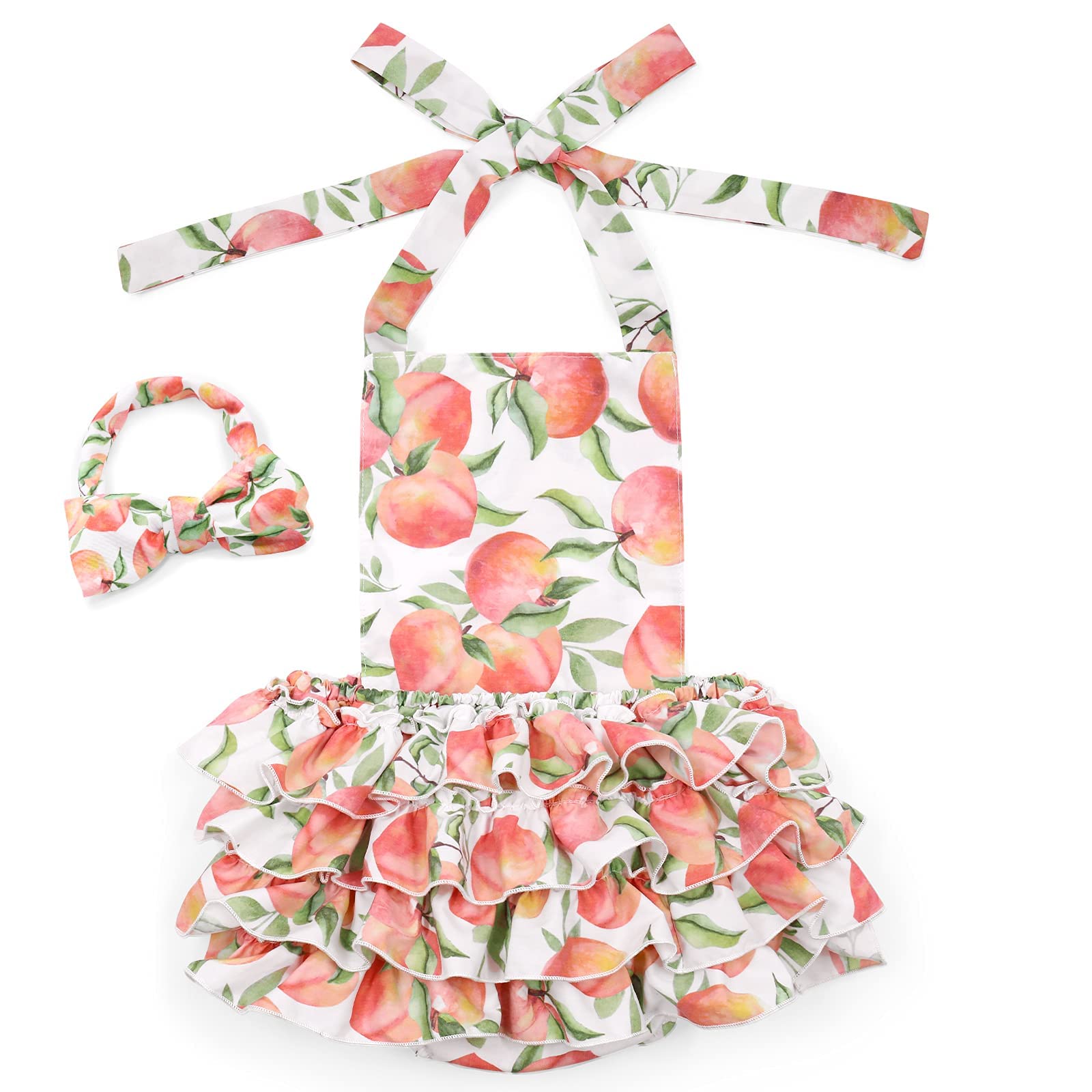 Eunikroko Peach First Birthday Outfit with Headband Baby Girls Sleeveless Ruffle Romper Backless Jumpsuit Summer Outfits Clothes 12-18 Months
