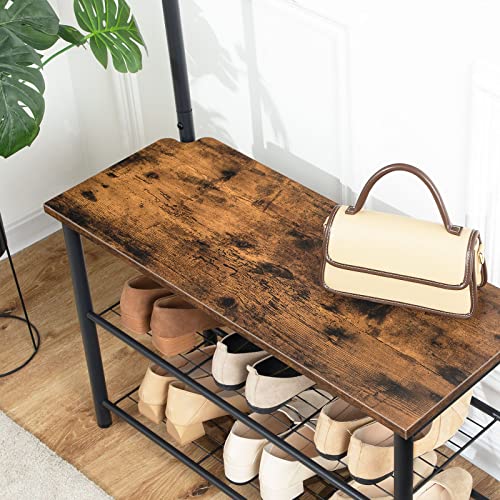 HOOBRO Shoe Bench, 28.3" Entryway Storage Bench with Coat Rack, 3-Tier Shoe Rack with Metal Mesh Shelves, Mudroom Bench, 4 in 1 Rustic Bench for Hallway, Foyer, Doorway, Bedroom BF12HX01