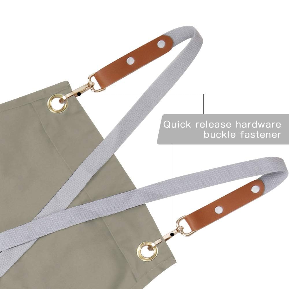 Chef Apron,Cross Back Apron for Men Women with Adjustable Straps and Large Pockets,Canvas,M-XXL (Beige)