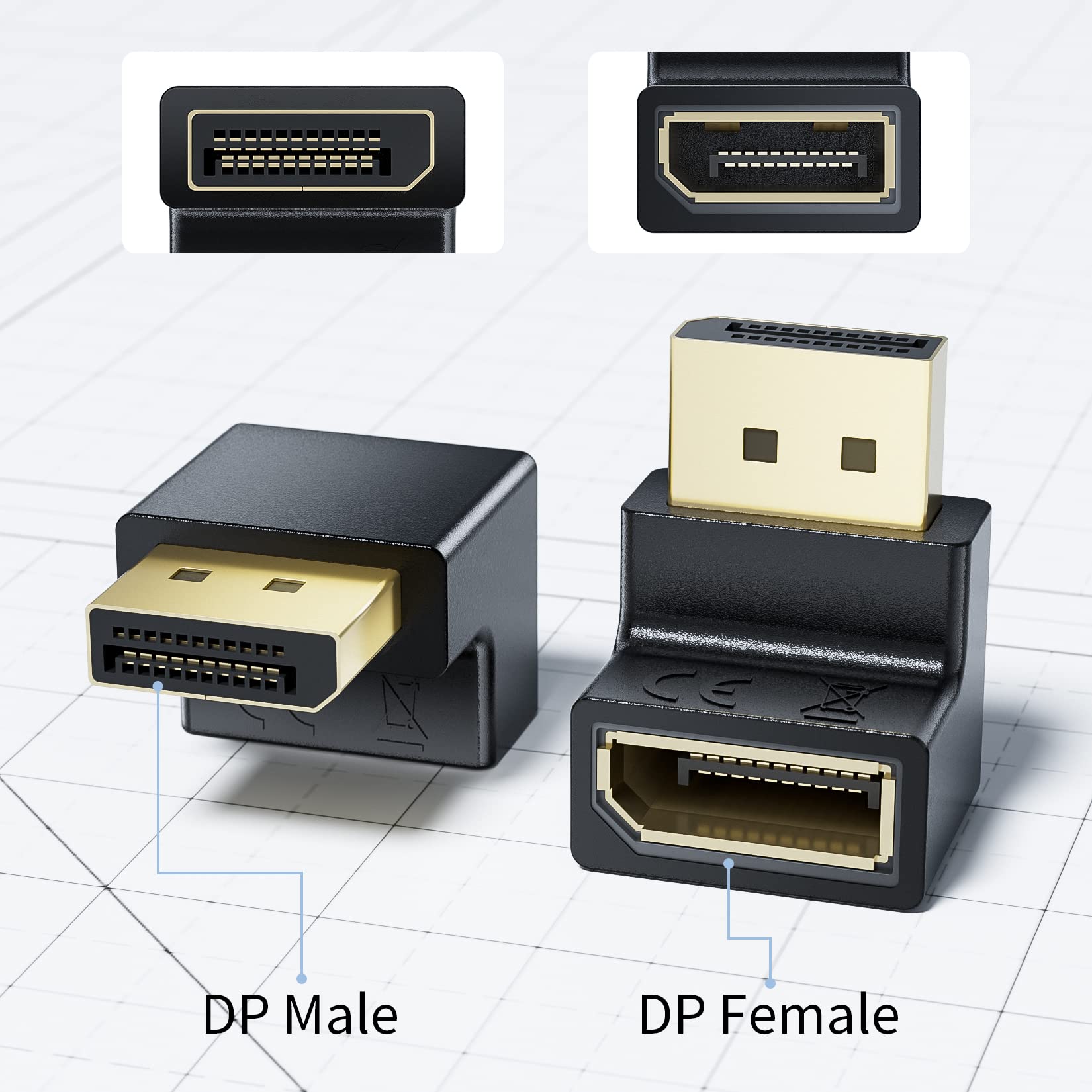 90 Degree Displayport Cable Adapter Converter UP/Down DP Adapter, BolAAzuL Left/Right Angled DP Displayport Adapter Connector UHD 4k/60Hz 2K/144Hz DP 1.2 Male to DP Female Angled Extension Adapter