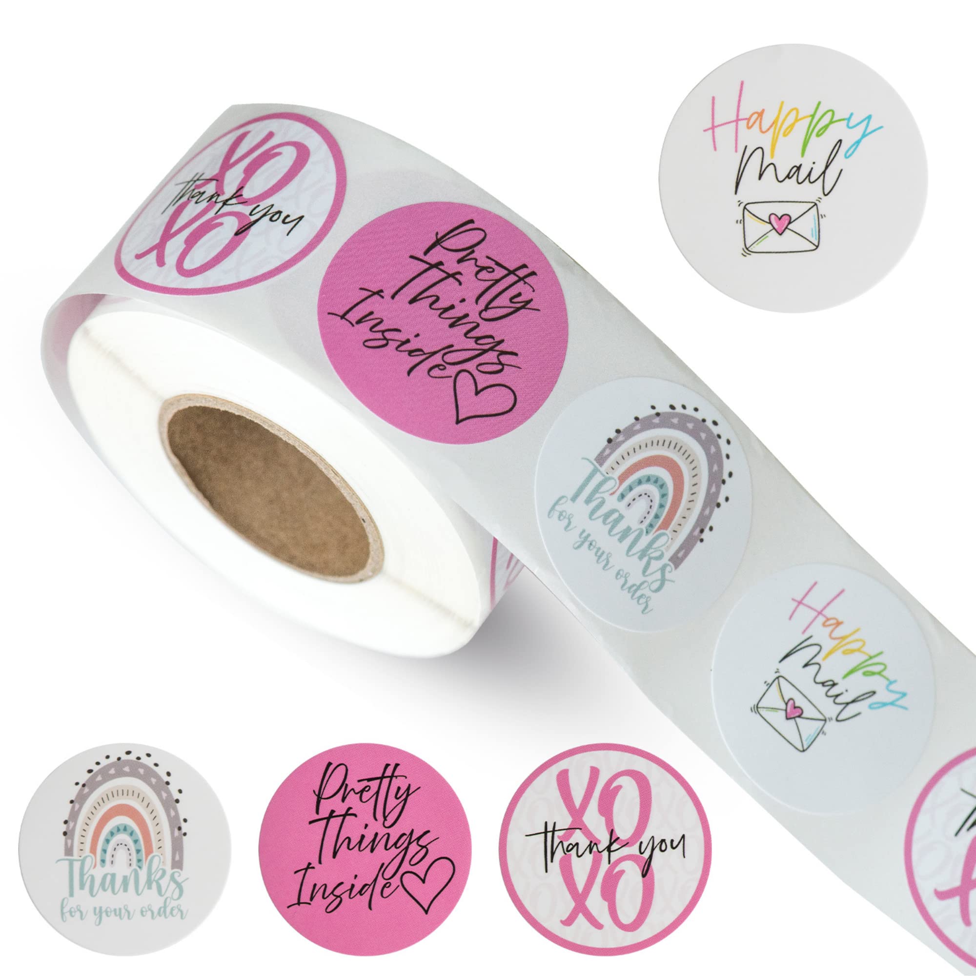Assorted Cute Packaging Stickers - Roll of 500 - Four Fun Designs - 1.5" Round Glossy Sealers for Small Business - Happy Mail - Thank You for Your Business/Pretty Things Inside