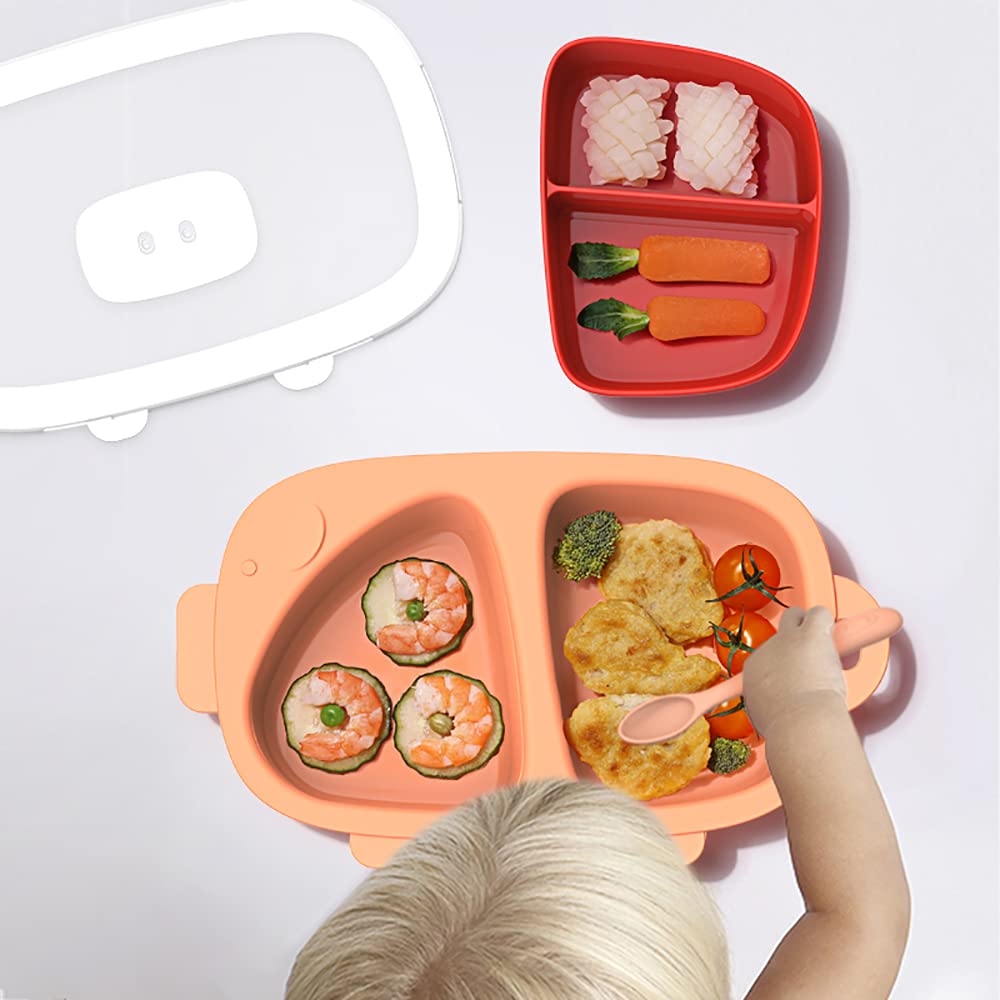Kids Divided Plate, 3 PCS(Plate with Lid and Inner Dish), Toddler Dishes Tableware, Dishwasher-Safe for Baby Feeding Dinner Plate (Tangerine)