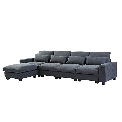 130" 5 Seaters Modular Deep Seat Down Feather Filled Sectional Sofa Couch with 4 Waist Pillows for Home Office Apartment Living Room Furniture Sets ,L-Shaped Corner Sofa&Couch Movable Ottoman/Chaise