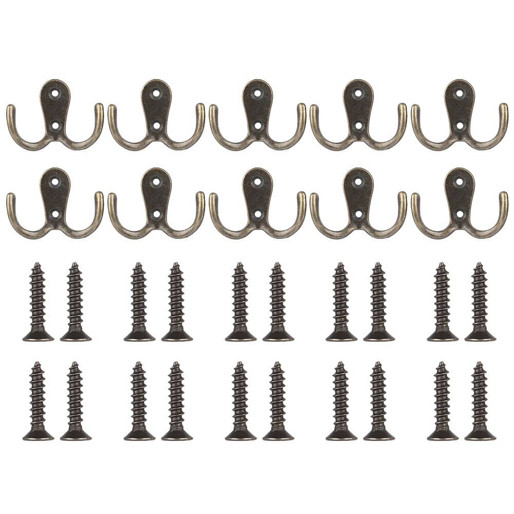 10pcs Metal Antique Hooks Double Prong Wall Door Coat Hanger Retro Key Holder Hat Bag Clothes Towel Organizer Shelf Storage(2.16inch,Bronze Tone)