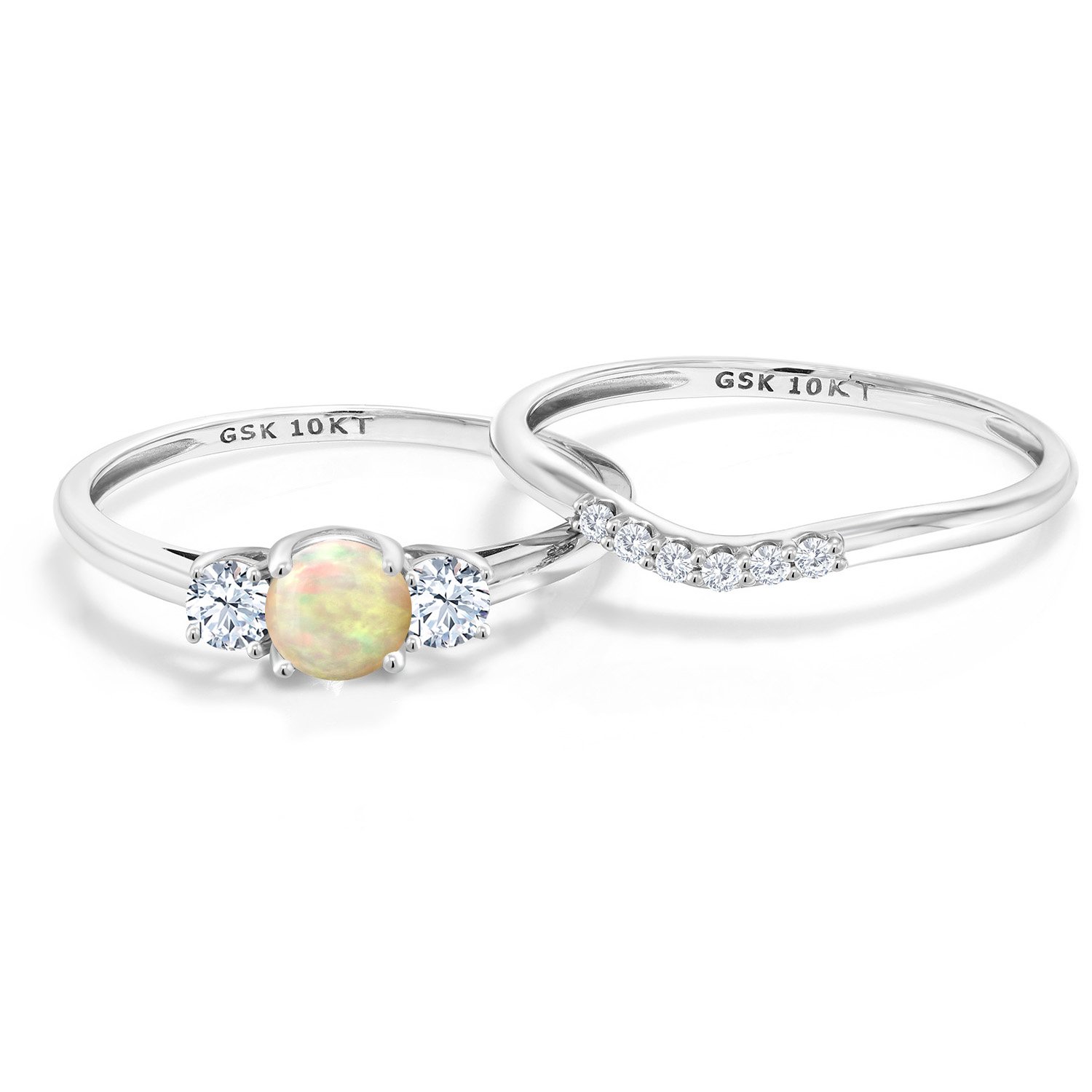 10K White Gold White Ethiopian Opal and White Created Sapphire and Lab Grown Diamond 3-Stone Bridal Engagement Wedding Ring Set For Women (0.63 Cttw, October Birthstone, Round Cabochon 5MM, Size 7)