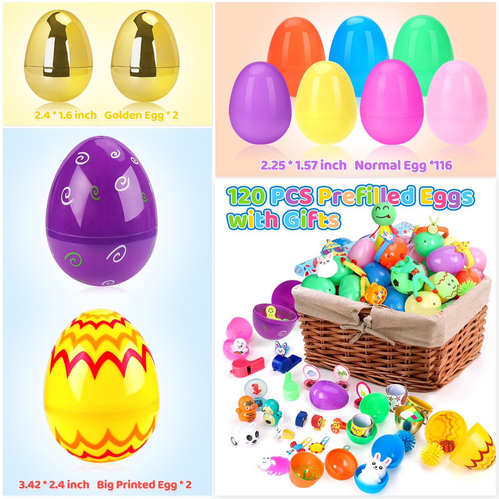120 Pcs Prefilled Easter Eggs with Toys Inside, Pre Filled Plastic Easter Eggs Bulk for Easter Egg Hunt Supplies, Easter Party Favors, Easter Basket Stuffers Filler, Pre Stuffed Easter Eggs for Kids