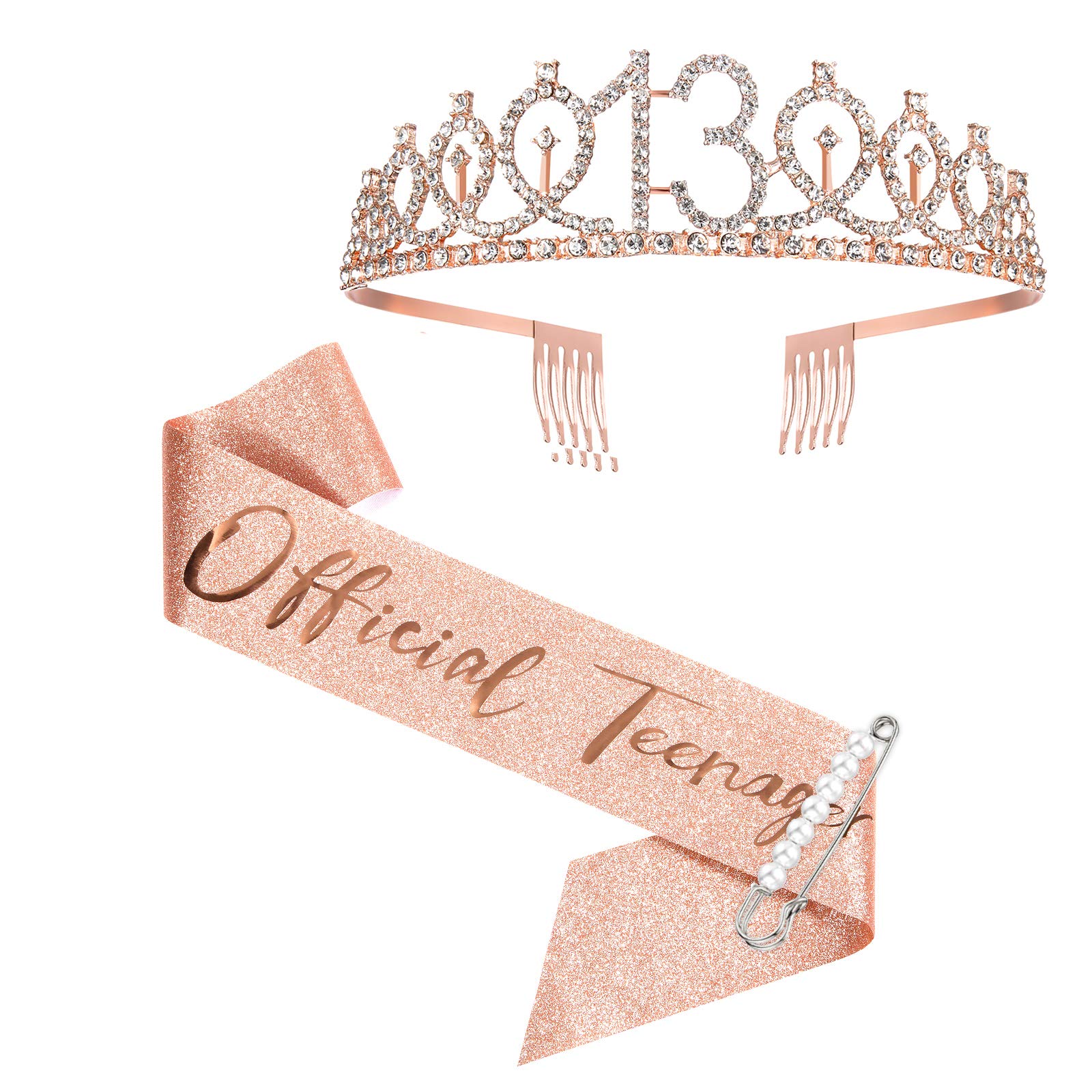 13th Birthday Sash and Crown for Girls, Rose Gold Official Teenager Sash and Tiara for Girls, 13th Birthday Gifts for Happy 13th Birthday Party Favor Supplies