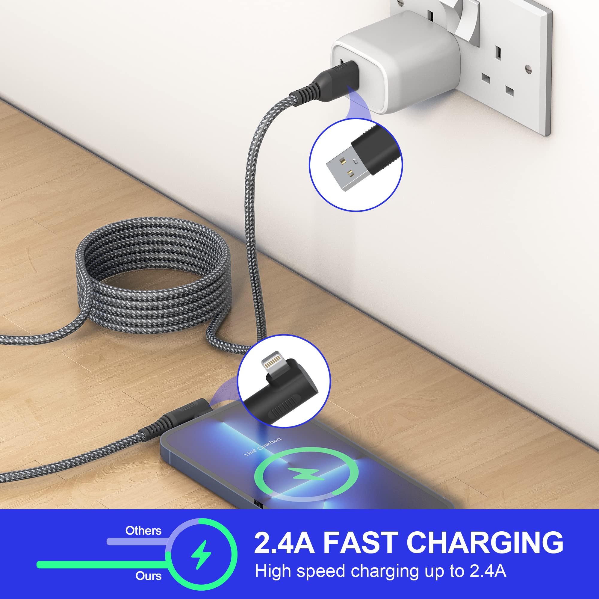 10FT iPhone Charger 90 Degree, [Apple MFi Certified] USB-A to Lightning Cable Right Angle, Nylon Braided iPhone Fast Charging Cord for iPhone 14 13 12 11 Pro Max XR XS X 8 7