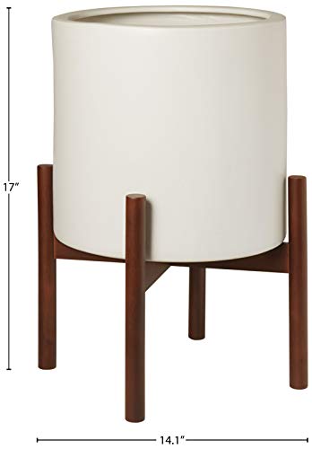 Amazon Brand β Rivet Surrey Modern Ceramic Planter Pot with Wood Plant Stand, 17"H, White