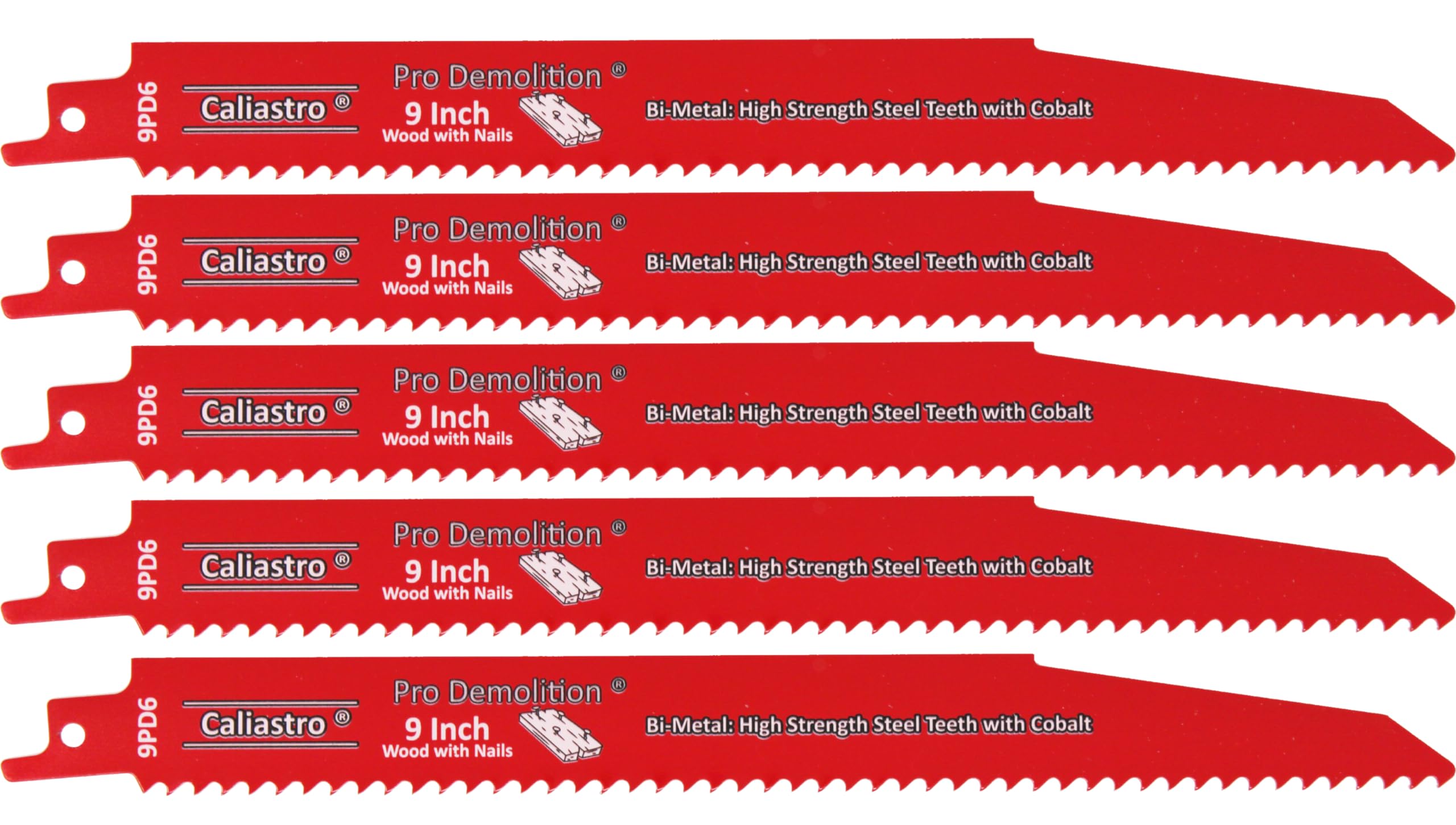 9-Inch Wood with Nails Demolition Reciprocating Saw Blades Made of Long Lasting Bi-Metal with Cobalt Teeth for Reciprocating/Sawzall Saws - 5 Pack - Caliastro