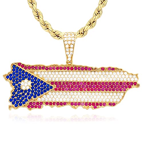 14K Yellow Gold Simulated Diamonds Blue Red Pave Puerto Rico Flag Map Pendant 1", 0.9"