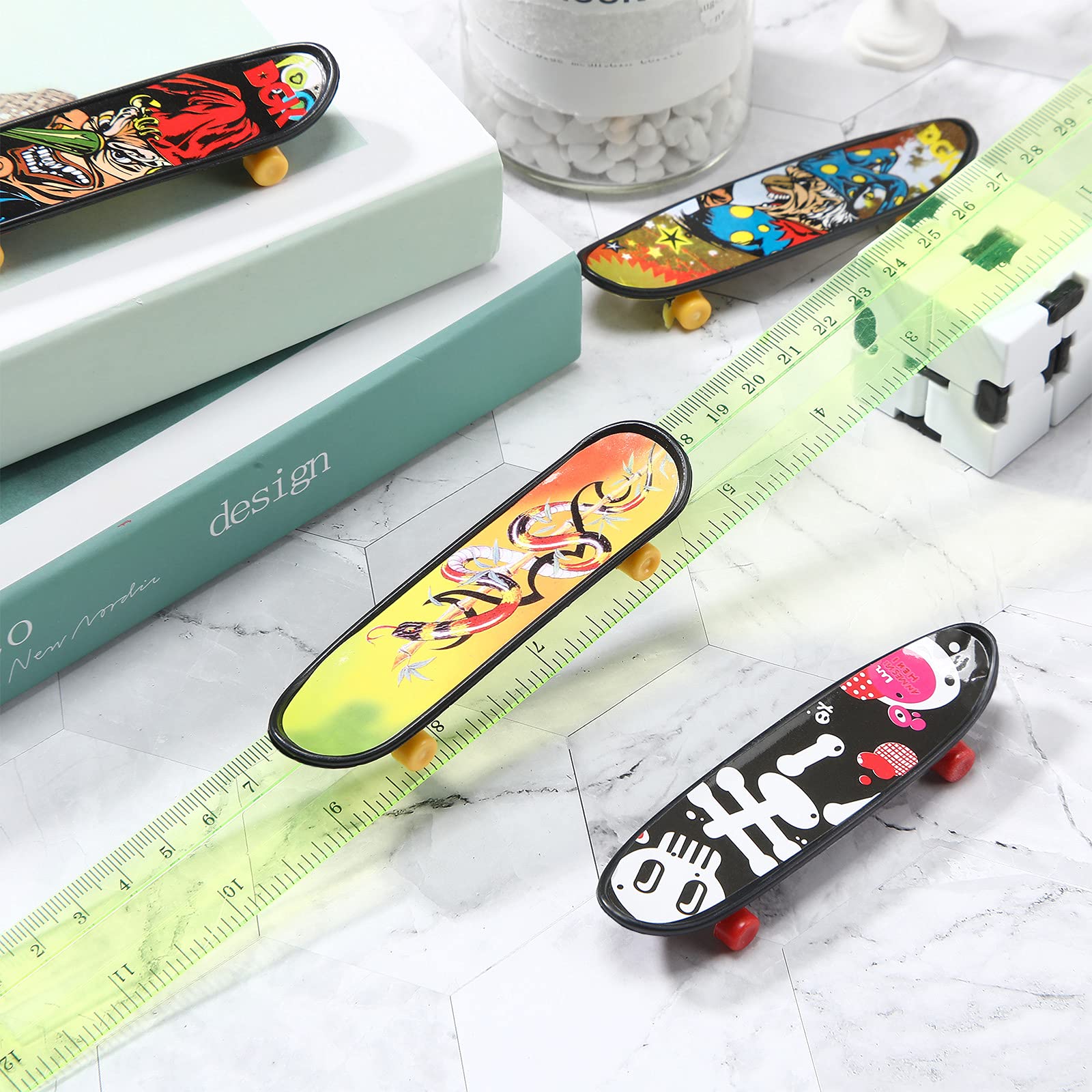 36 Pieces Mini Finger Skateboard Toy Skateboard Finger Boards with Double Sided Pattern Creative Fingertip Movement Novelty Toys Party Favors Decorations Supplies for Teens and Adults (Retro Style)