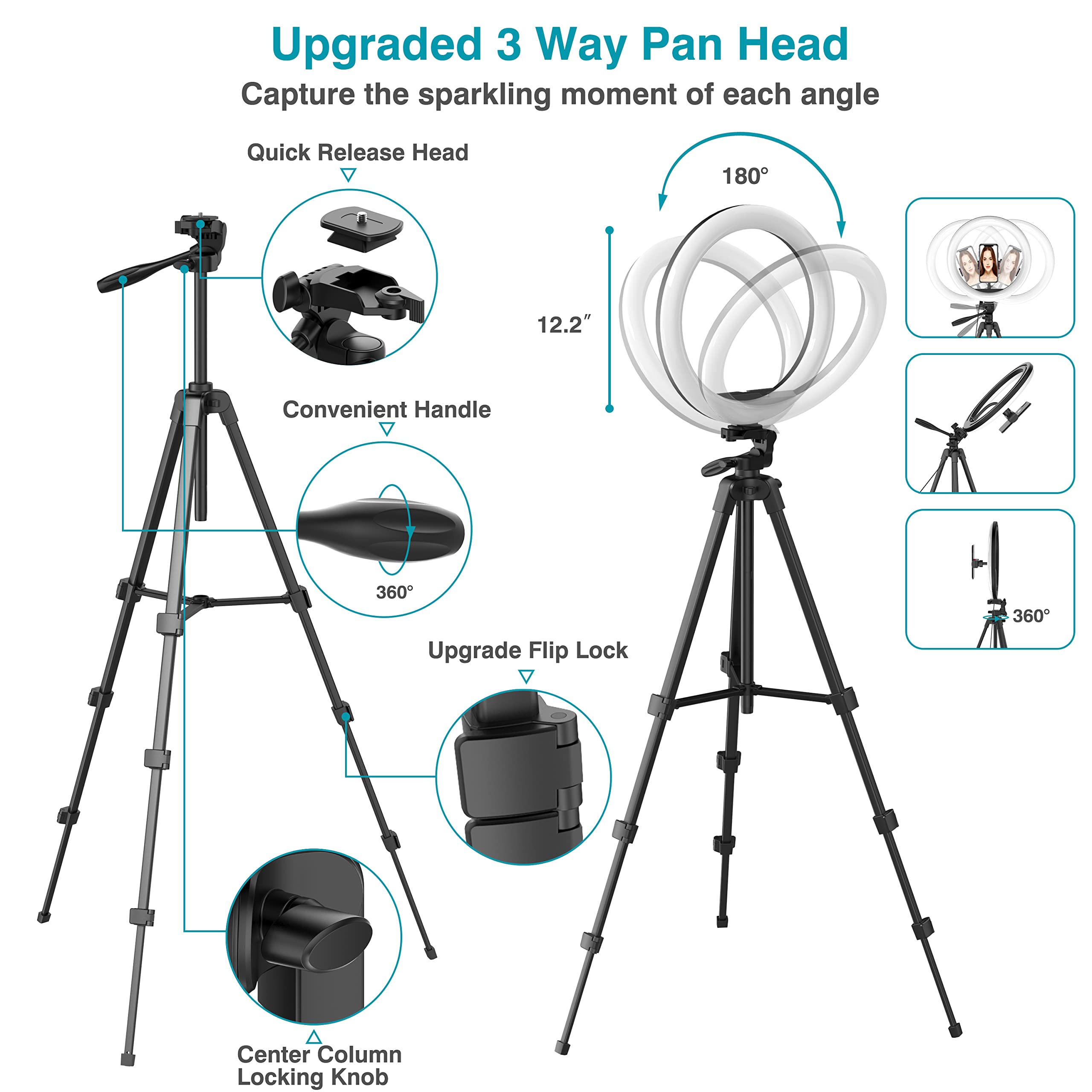 12.2" Ring Light with 54'' Extendable Tripod Stand & Cellphone Holders for Live Stream/Makeup/YouTube Video, Dimmable LED Beauty Selfie Ringlight for TikTok Photography, Color Temperature 3000-6000K
