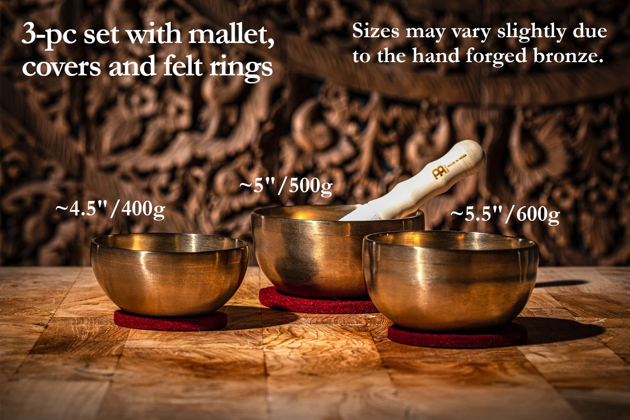 3 Piece Bronze Singing Bowl Set with Mallet, Felt Rings and Covers, Universal Series — MADE IN INDIA — For Meditation, Yoga and Sound Healing Therapy, 2-YEAR WARRANTY