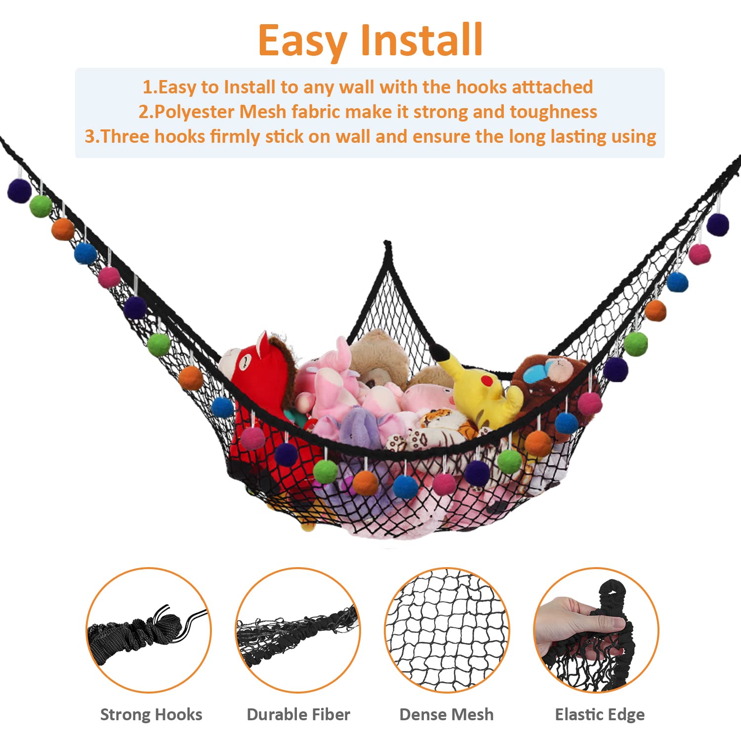 Net for Stuffed Animals, Meirenda Stuffed Animal Hammock or Net Jumbo Stuffed Toy Net Storage Organizer Kids Sling Corner Wall Mesh Toy Hammock for Stuffed Animals with Balls(Black, 70 inch)