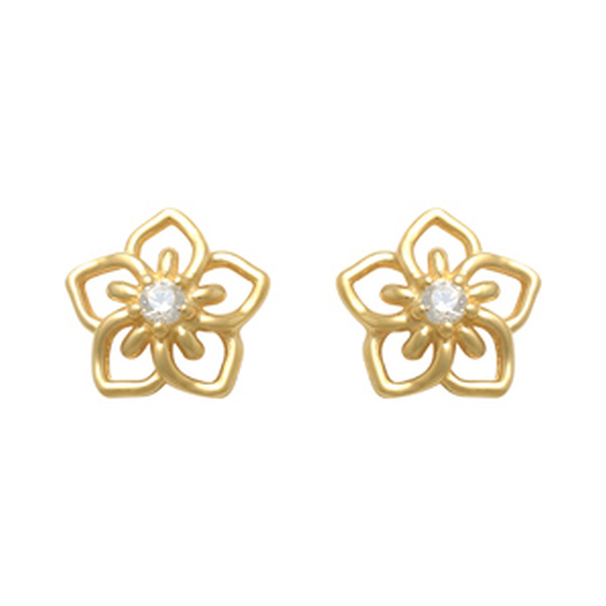 14K Yellow Open Design Flower CZ Stud Earrings for Women Screw Back
