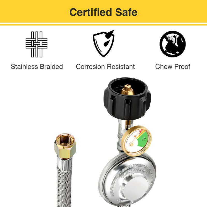 5 FT Propane Hose with Regulator - Gas Grill Regulator and Hose with Gauge - Propane Hose for Gas Grill, Gas Stove, FIRE Pit, Gas Griddle, Propane Stove - LP Hose