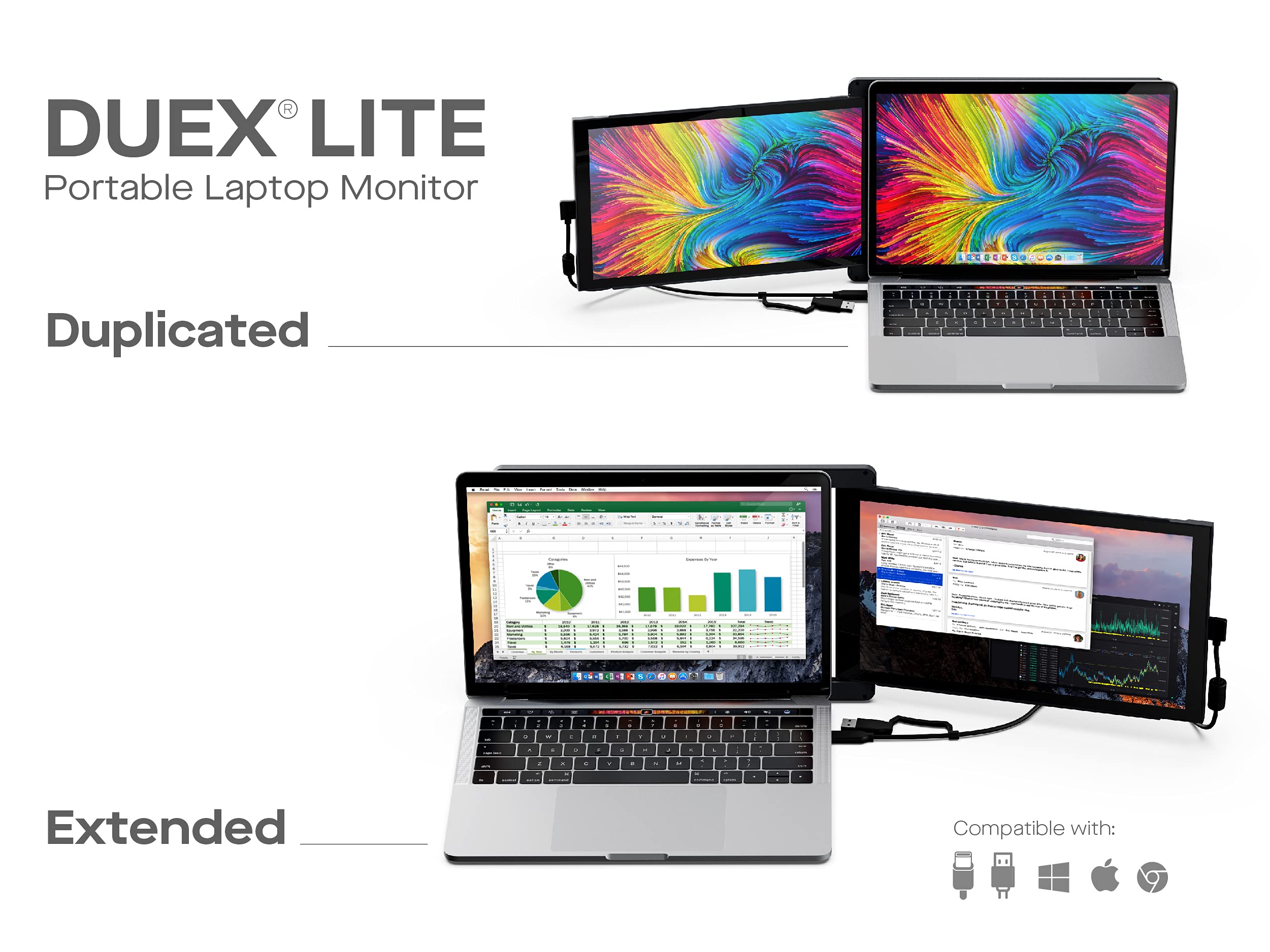 Duex Mobile Pixels Lite Portable Monitor for Laptops 12.5" Full HD IPS Screen,USB C Ultra Portable Laptop Dual Monitor, Plug and Play,Any Laptops Compatible (Grey)