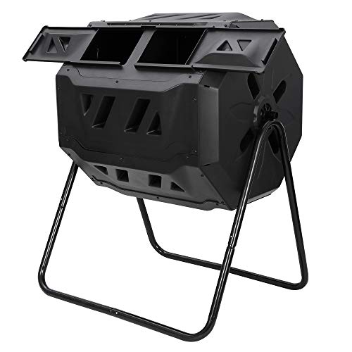 Oteymart Large Compost Bin Tumbler, 43 Gallon Capacity Composting Tumbler with Twin Chambers Dual Rotating Sliding Door & Solid Steel Frame, Black
