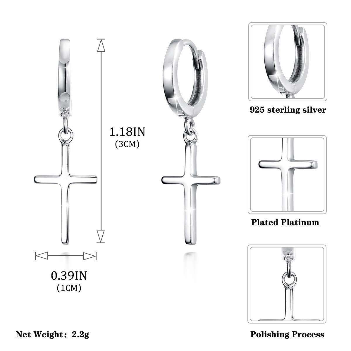 925 Sterling Silver Cross Huggie Hoop Earrings, Minimalist Cross Charm Dangle Drop Earrings Dainty Cross Hoop Earrings Women Men