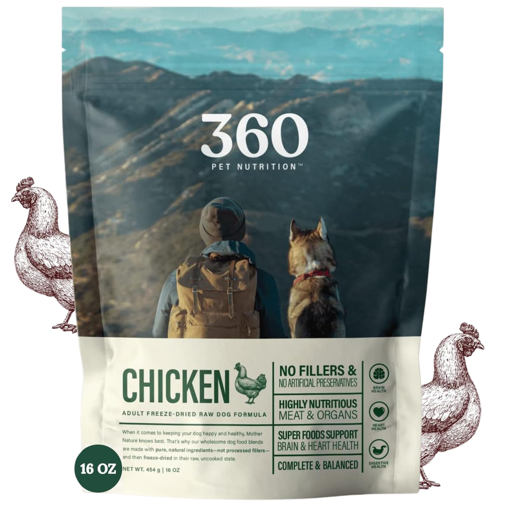 360 Pet Nutrition Raw Freeze-Dried Dog Food, High Protein, Balanced Meal, Chicken, Liver, Heart, Fruit, Veggies, Superfoods, No Fillers, 16 oz Food/Bites/Kibble (Chicken)
