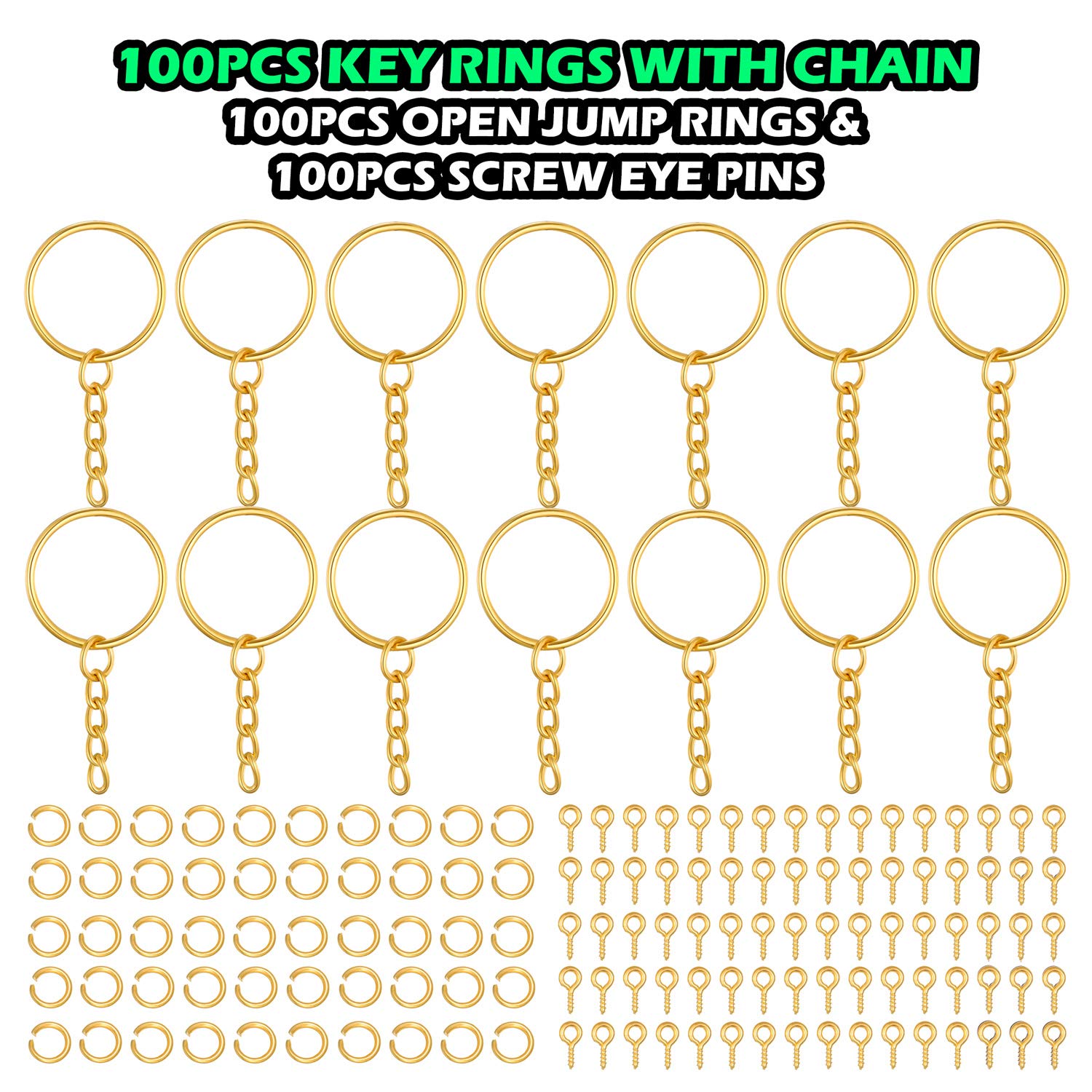 100Pcs Keychain Rings 1 Inch/25mm Gold Key Chain Rings with 100Pcs Jump Rings and 100Pcs Screw Eye Pins Bulk for Crafts