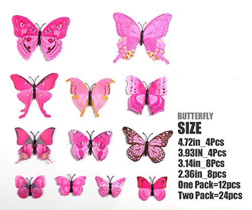 Butterfly Wall Decals 24Pcs 3D Butterflies Stickers Removable Mural Decor for Kids Room Bedroom Decor Living Room Decor (Pink)