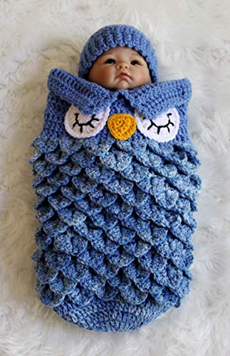 Handmade Newborn Baby Boy Sleepy Owl Snuggle Sack Cocoon Baby Bonnet Photo Prop Shower Gift