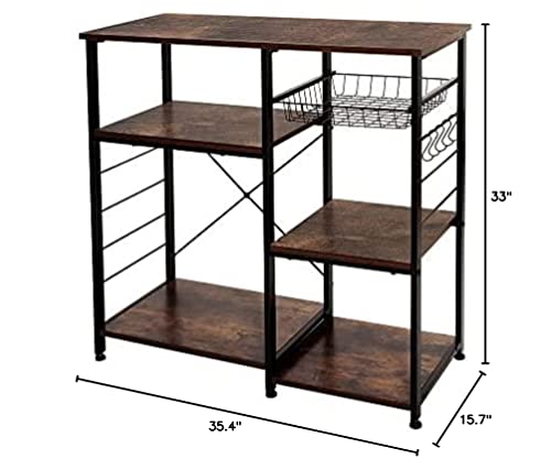 AZL1 Life Concept Industrial Kitchen Rack, Coffee Bar, Microwave Stand Metal Frame, Wire Basket 5 Hooks Mini Oven, Spices Utensils, Simple Assembly, 35.4inch, Rustic Brown