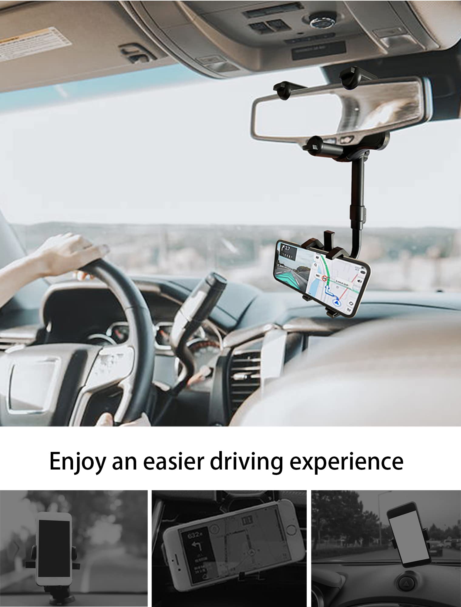 360°Rotatable and Retractable Car Phone Holder, Multifunctional Adjustable Mount, Universal Rearview Mirror Phone Holder for All Mobile Phones