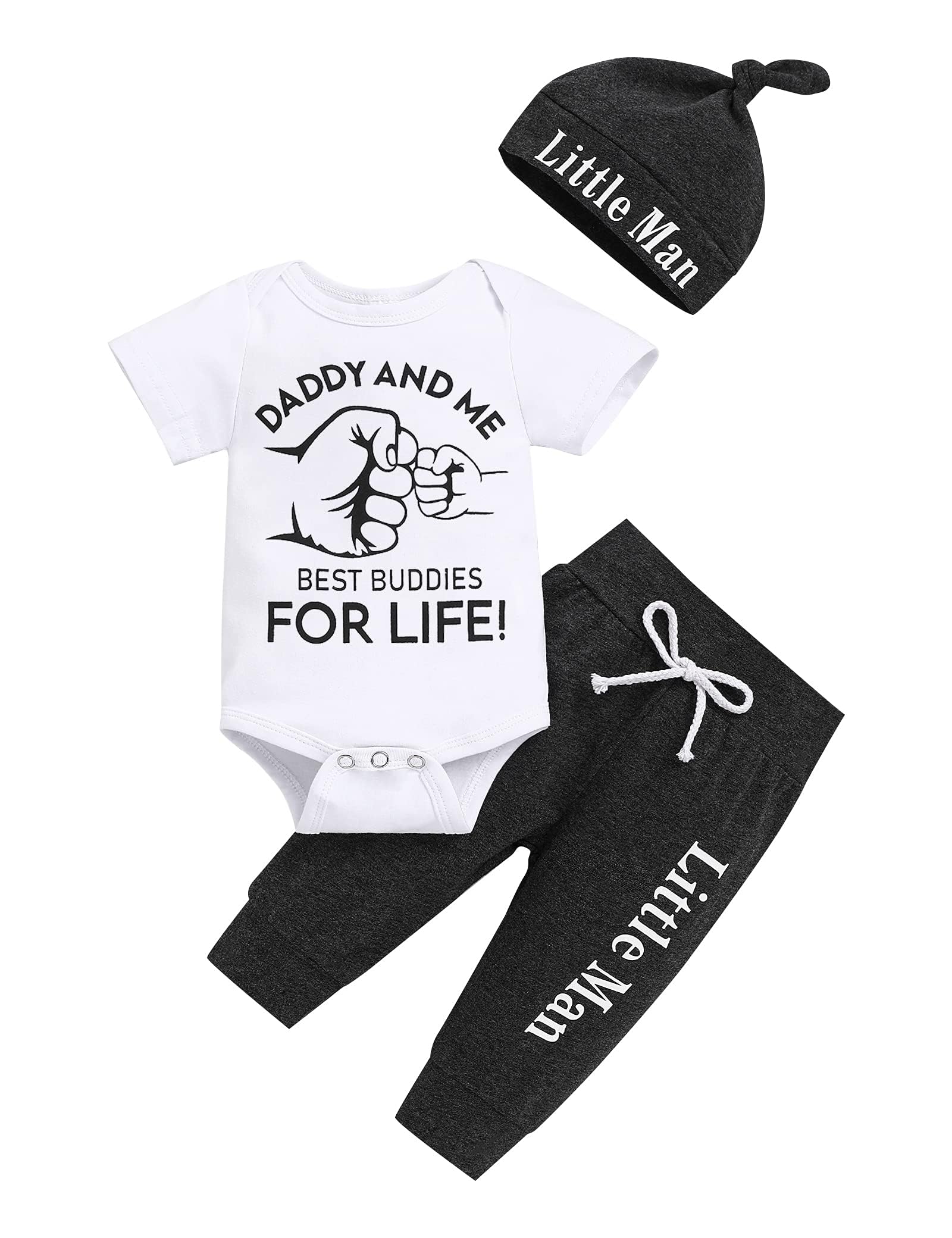 TUEMOS Baby Boy Clothes Daddy and Me The Best Buddies for Life Letter Print Romper Top+Pant with Hat Baby Boy Summer Outfits 3-6 Months