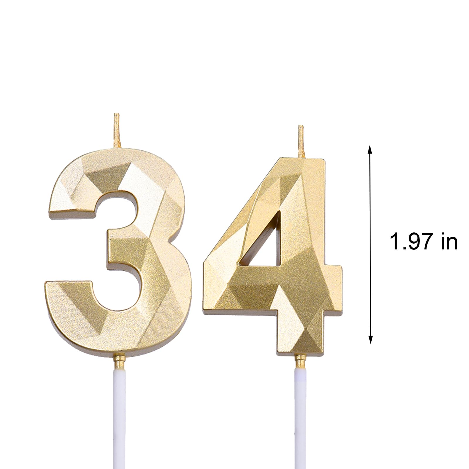 2 inch Gold 34 Birthday Candles, 3D Diamond Number 34th Cake Topper for Boys Girls Birthday Party Decorations Theme Party