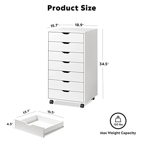 7 Drawer Chest, Mobile File Cabinet with Wheels, Home Office Wood Storage Dresser Cabinet, Large Craft Storage Organizer Makeup Drawer Unit for Closet, Bedroom, Office File Cabinet (White)