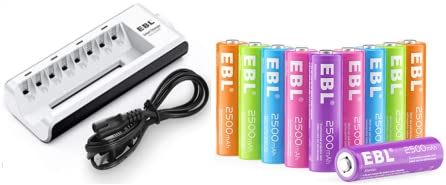 EBL 8-Bay Battery Charger with AA Rechargeable Batteries 2500mAh (10 Pack- 5 Color in One Box)