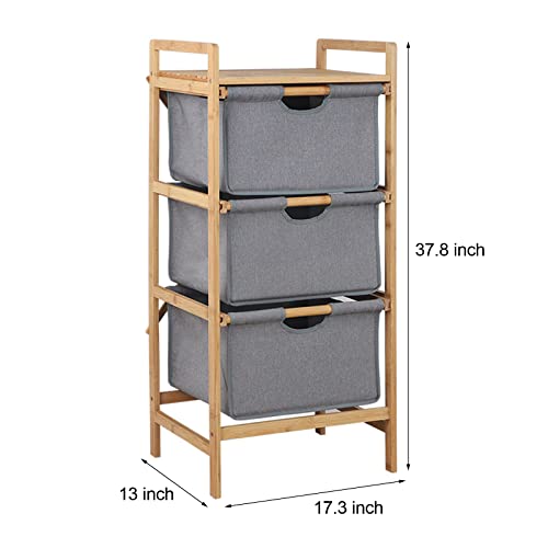 Basket Storage Drawers Unit 3-Tier Laundry Basket Bathroom Dresser Tower Organizer with Bamboo Frame and Pull-Out Fabric Baskets
