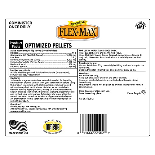 Absorbine Flex+Max Horse Joint Supplement Pellets, Highly Palatable, Comprehensive Equine Formula with Glucosamine, MSM, Chondroitin & Flaxseed, 10lb Tub / 60 Day Supply