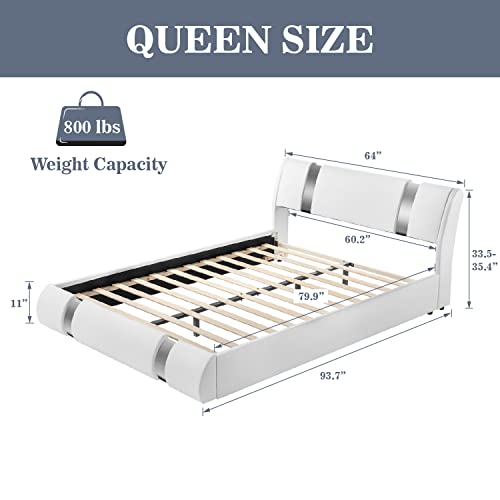 Allewie Queen Size Platform Bed Frame with Iron Piece Decor, Faux Leather Upholstered Bed with Curved Adjustable Headboard, Wooden Slats Support, No Box Spring Needed, Modern Style, White