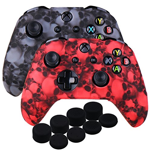 9CDeer 2 Pieces of Silicone Water Transfer Protective Sleeve Case Cover Skin + 8 Thumb Grips Analog Caps for Xbox One/S/X Controller, Skull Black & Red